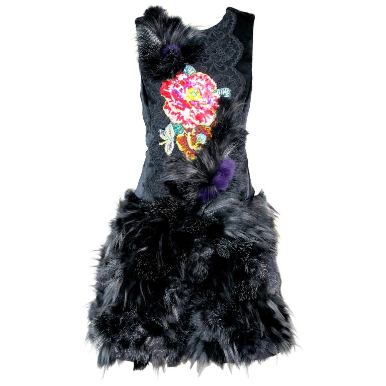 Pelush Black Faux Fur Dress With Three Dimensional Flowers And Embroidery - Sl For Sale at 1stDibs