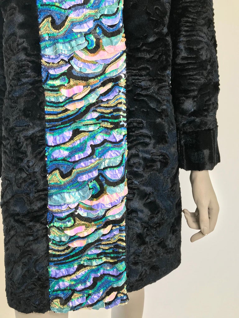 Pelush Blue Faux Fur Astrakhan Coat with Embroidery Details - X-Small ...