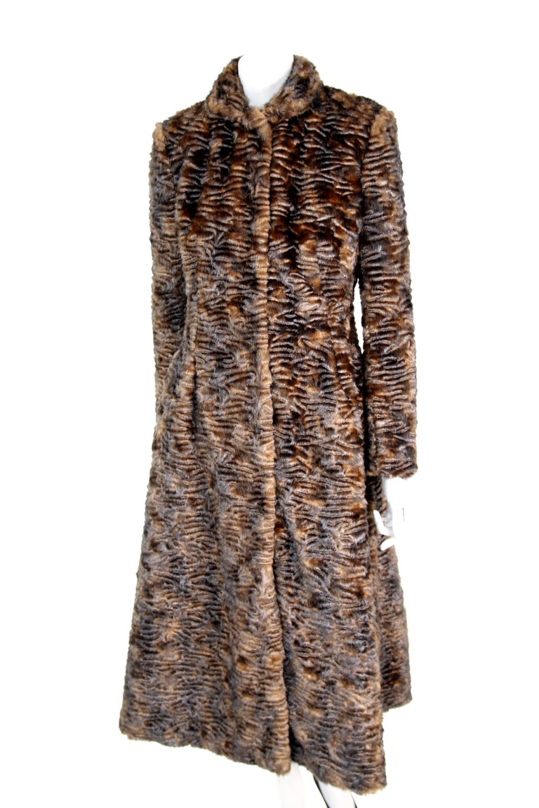 Pelush Brown Astrakhan Faux Fur Coat With Belt - Persian Lamb Fake Fur Coat - XS at 1stDibs