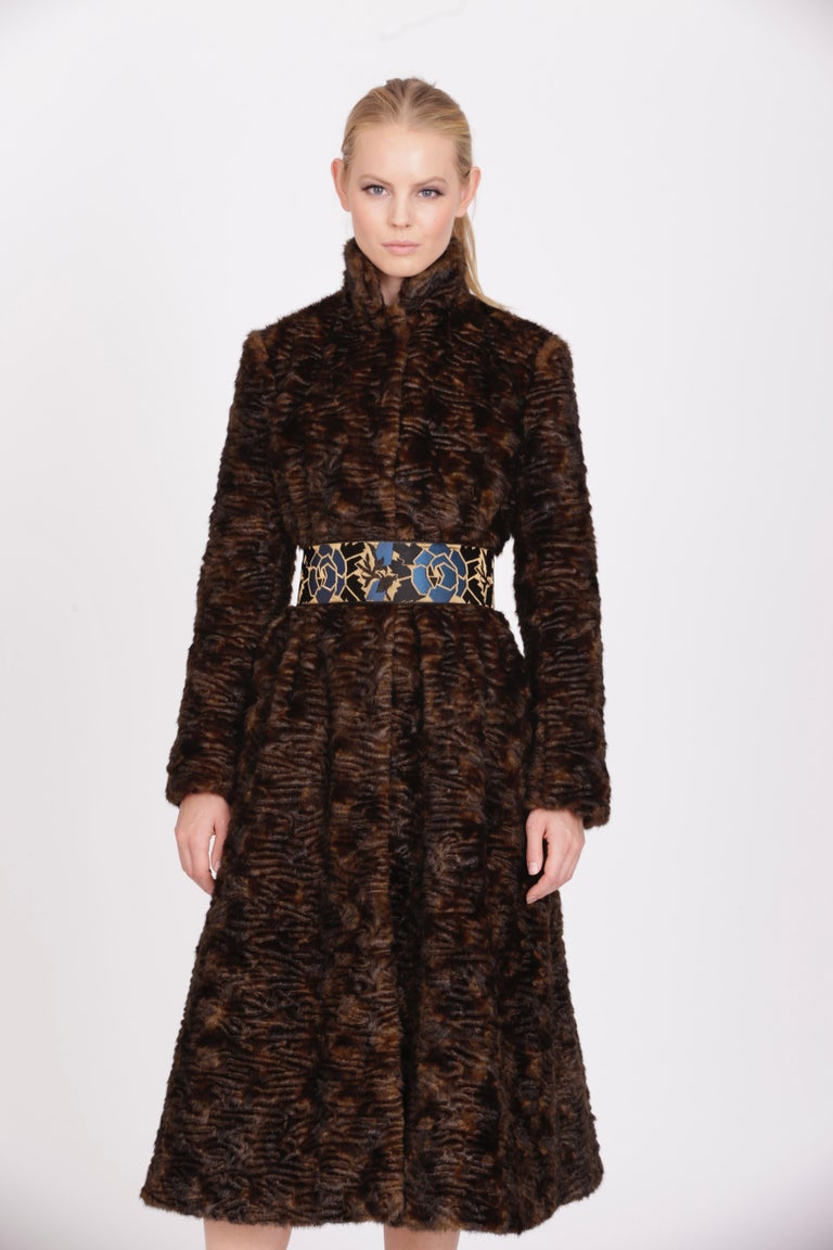 Pelush Brown Astrakhan Faux Fur Coat With Belt - Persian Lamb Fake Fur Coat - XS at 1stDibs