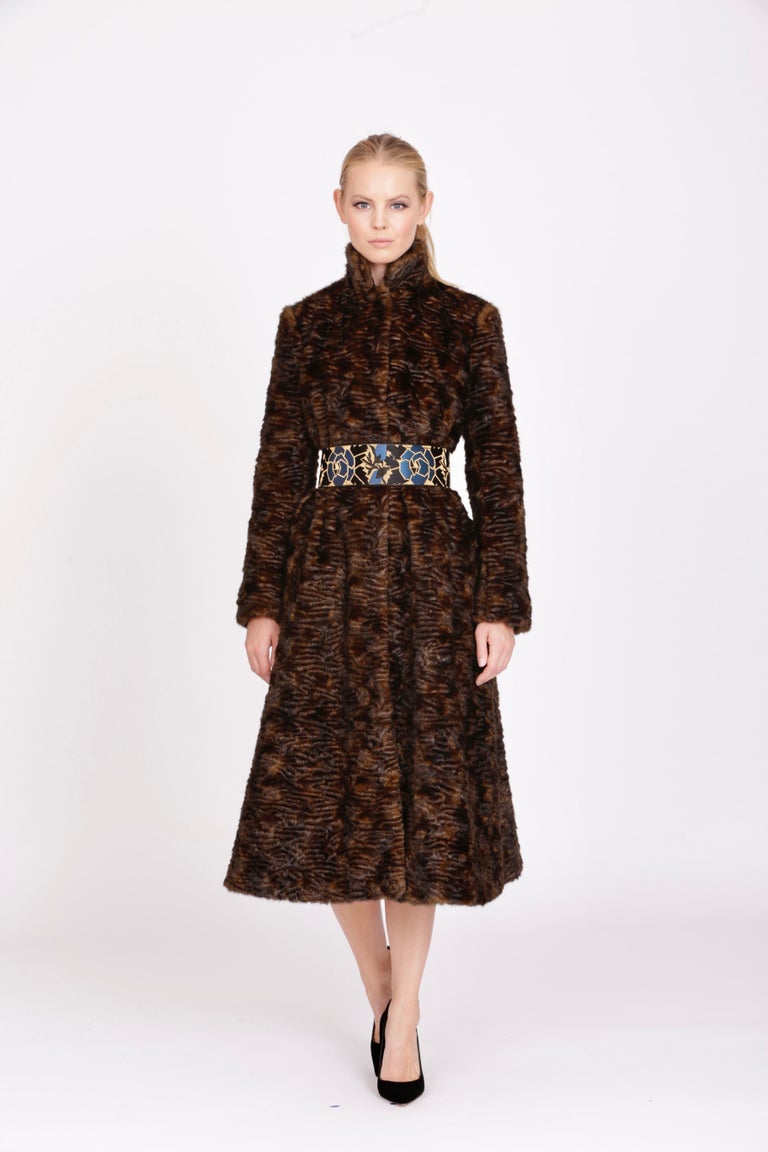 Pelush Brown Astrakhan Faux Fur Coat With Belt - Persian Lamb Fake Fur Coat - XS at 1stDibs