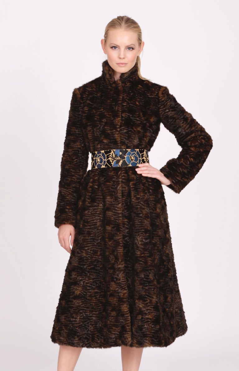 Pelush Brown Astrakhan Faux Fur Coat With Belt - Persian Lamb Fake Fur Coat - XS at 1stDibs