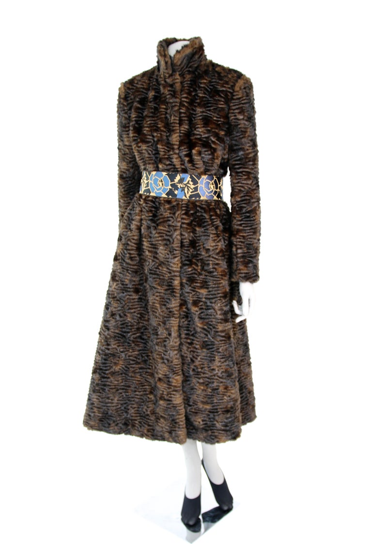 Pelush Brown Astrakhan Faux Fur Coat With Belt - Persian Lamb Fake Fur Coat - XS at 1stDibs