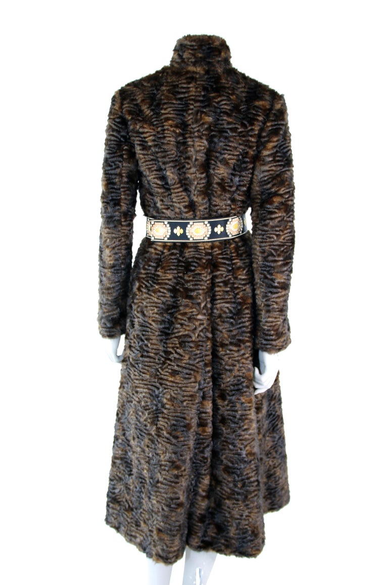 Pelush Brown Astrakhan Faux Fur Coat With Belt - Persian Lamb Fake Fur Coat - XS at 1stDibs