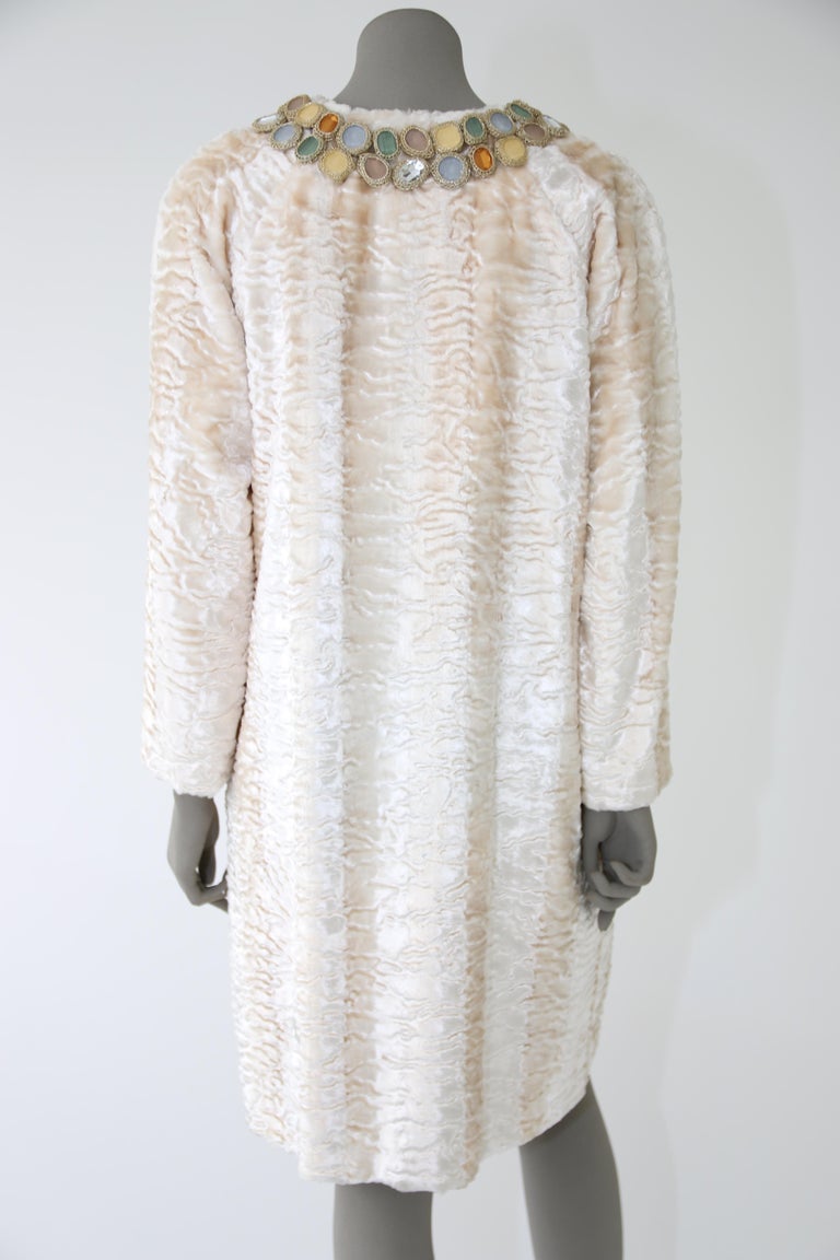 Pelush Ivory Astrakhan Faux Fur Coat With Belt And Jeweled Collar - Medium For Sale at 1stDibs