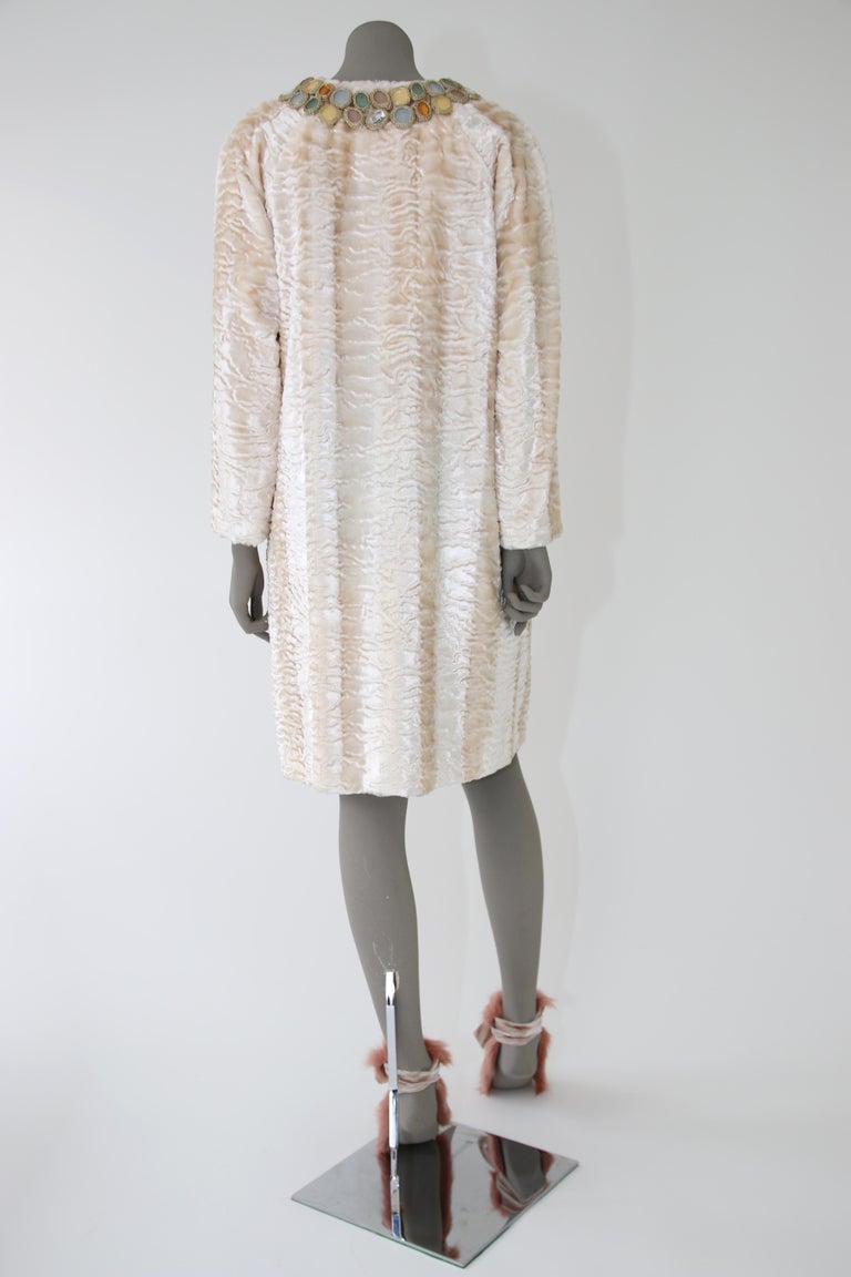 Pelush Ivory Astrakhan Faux Fur Coat With Belt And Jeweled Collar - Medium For Sale at 1stDibs