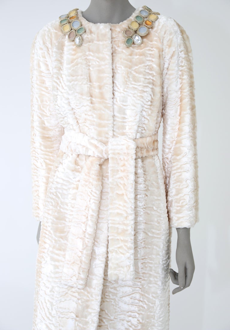 Pelush Ivory Astrakhan Faux Fur Coat With Belt And Jeweled Collar - Medium For Sale at 1stDibs