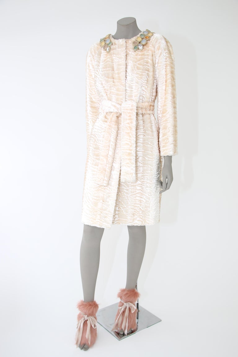 Pelush Ivory Astrakhan Faux Fur Coat With Belt And Jeweled Collar - Medium For Sale at 1stDibs