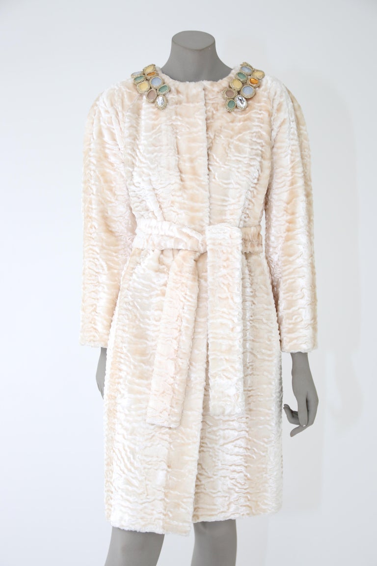 Pelush Ivory Astrakhan Faux Fur Coat With Belt And Jeweled Collar - Medium For Sale at 1stDibs