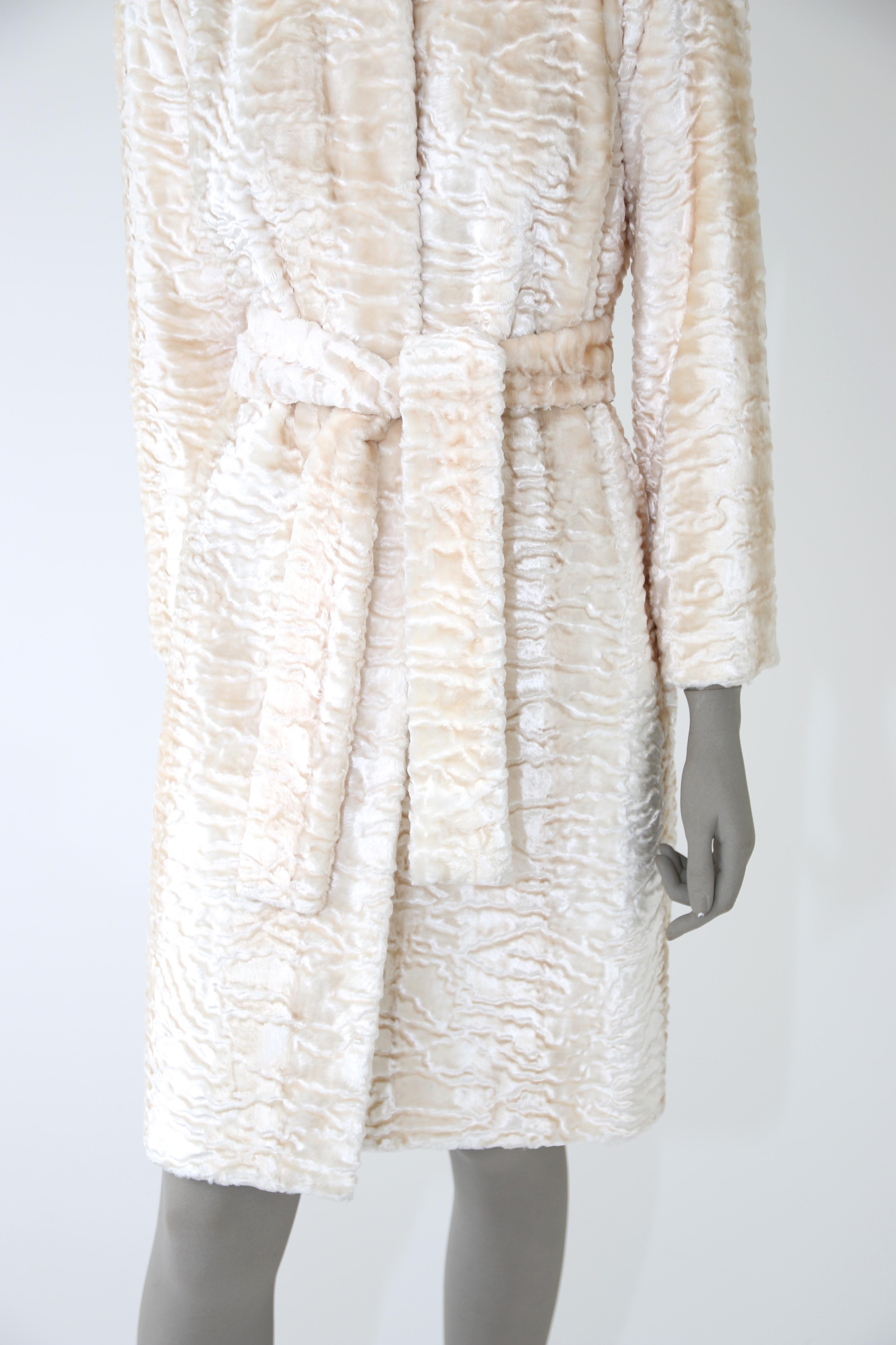 Pelush Ivory Astrakhan Faux Fur Coat With Belt And Jeweled Collar - Medium For Sale at 1stDibs