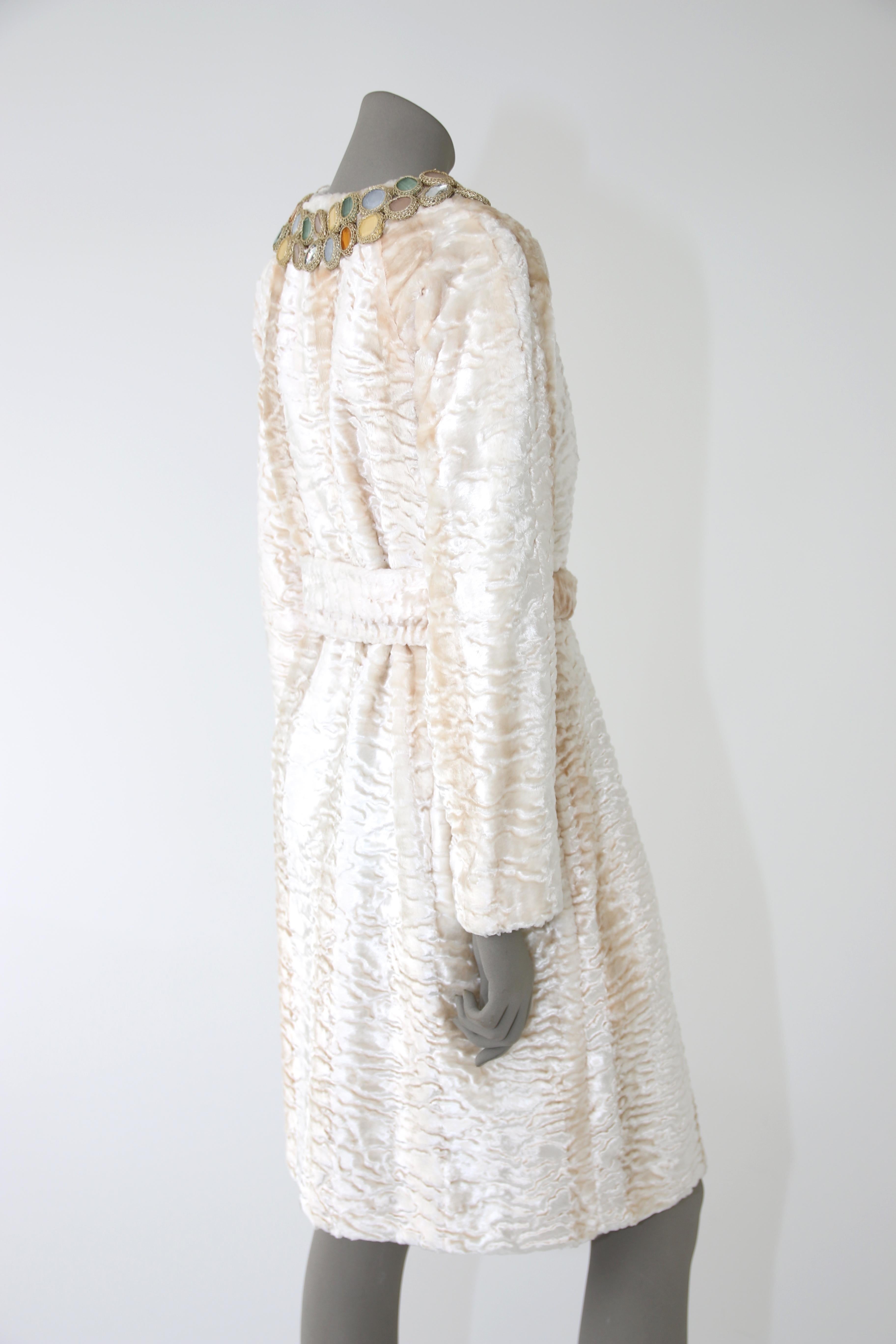Pelush Ivory Astrakhan Faux Fur Coat With Belt And Jeweled Collar - Medium For Sale at 1stDibs