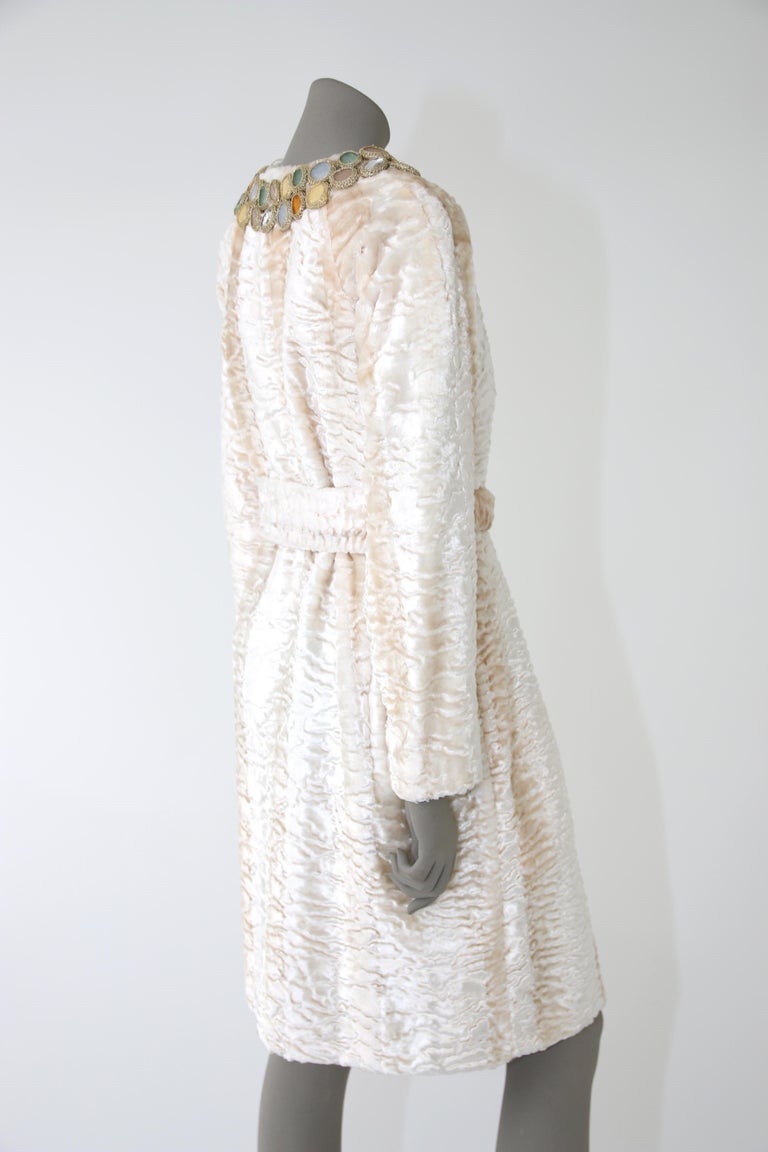 Pelush Ivory Astrakhan Faux Fur Coat With Belt And Jeweled Collar - Medium For Sale at 1stDibs
