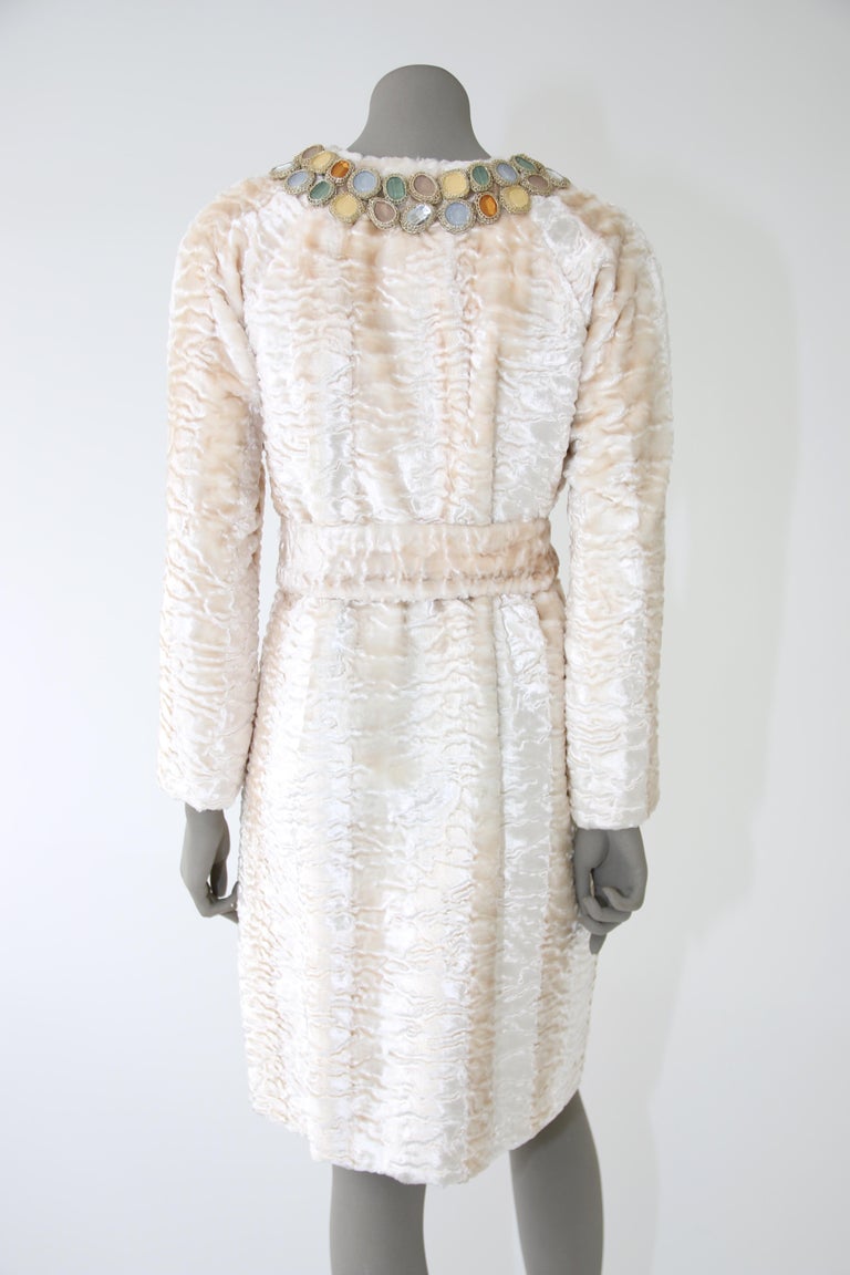 Pelush Ivory Astrakhan Faux Fur Coat With Belt And Jeweled Collar - Medium For Sale at 1stDibs