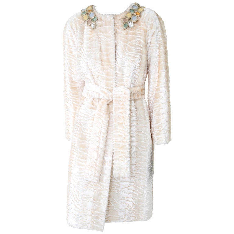 Pelush Ivory Astrakhan Faux Fur Coat With Belt And Jeweled Collar - Medium For Sale at 1stDibs