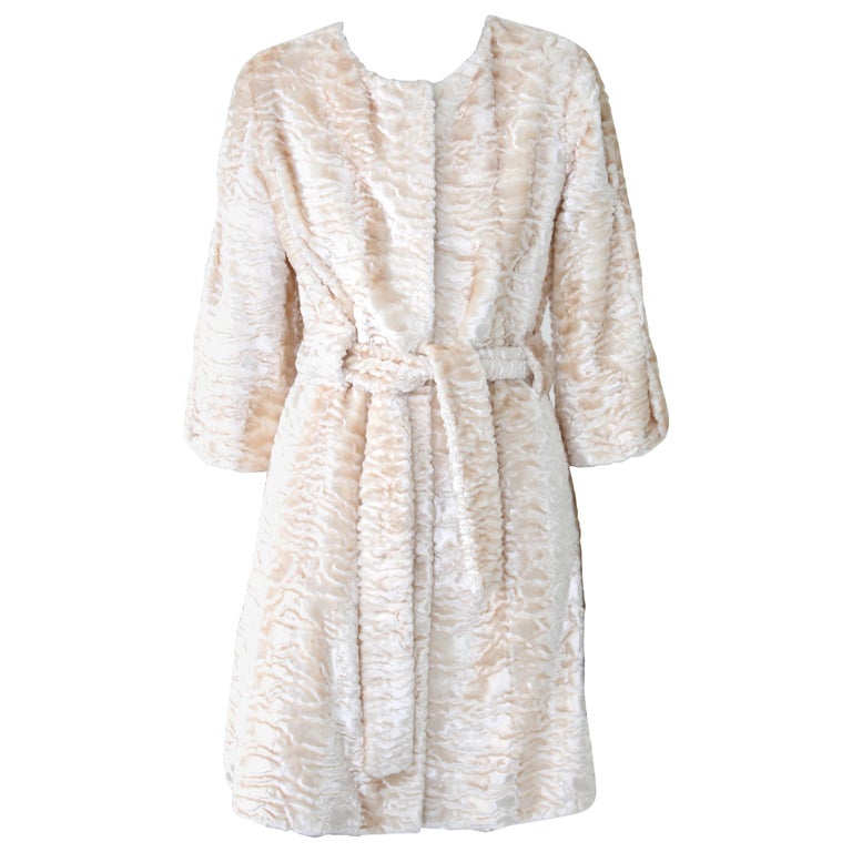 Pelush Ivory Astrakhan Faux Fur Coat With Belt - XS - (1/Small Available) For Sale at 1stDibs