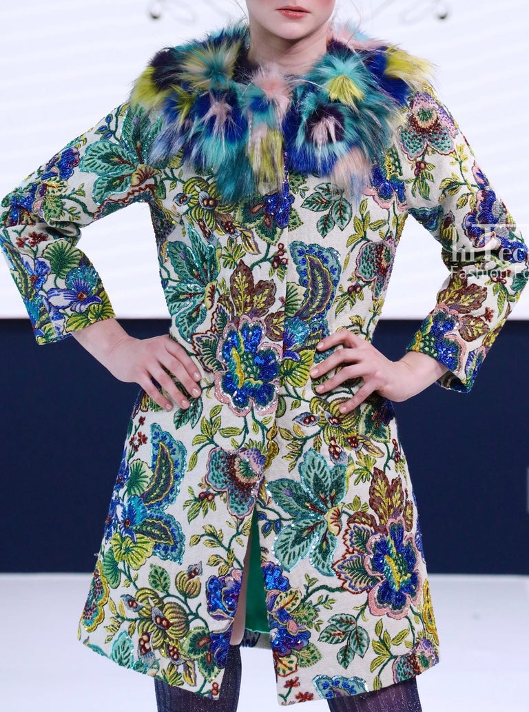 Pelush Ivory Tapestry Couture Coat with Embroidered Botanical Flowers - Small For Sale at ...