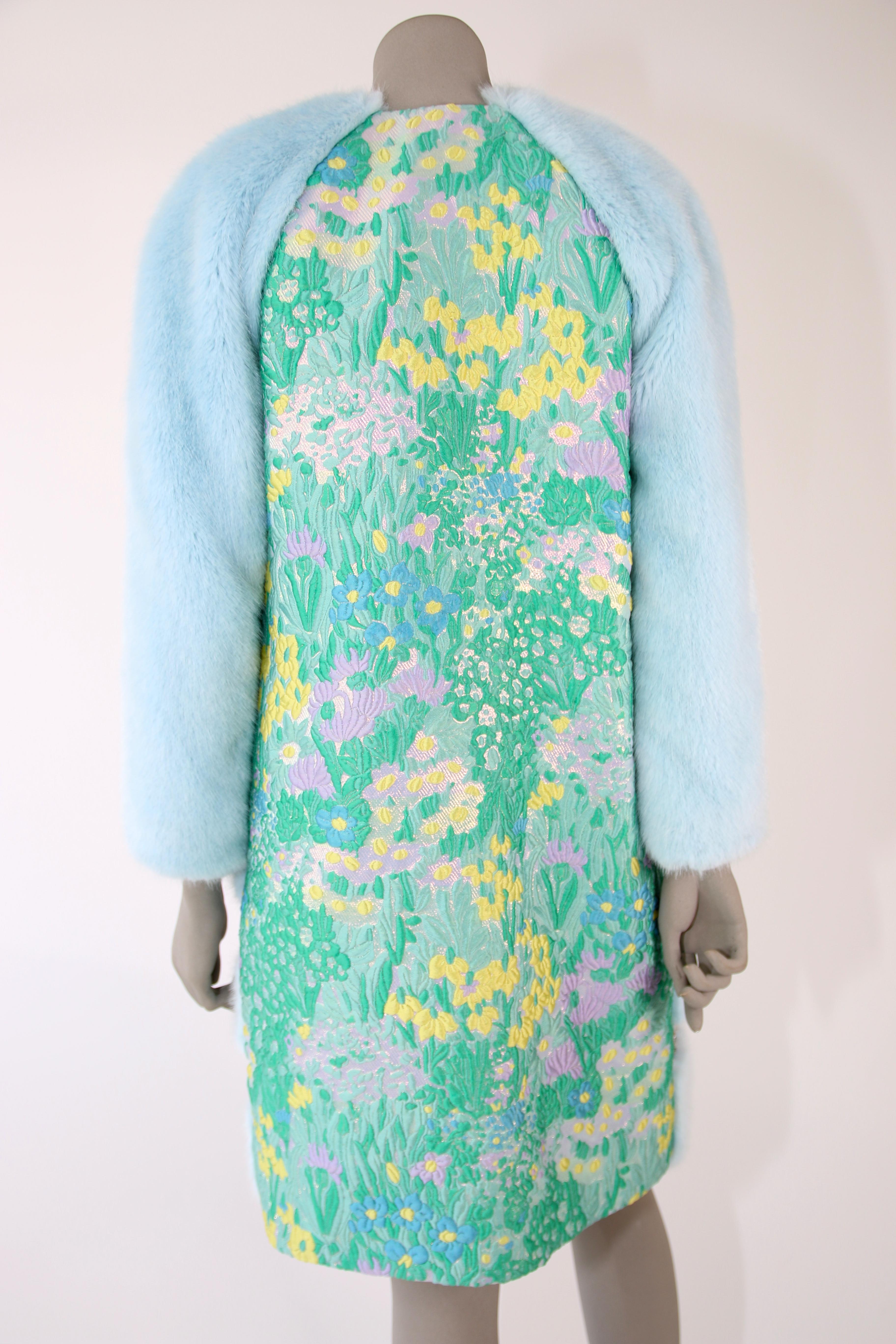 Pelush Powder Blue Faux Fur Mink Coat with Flower Embroidery and ...