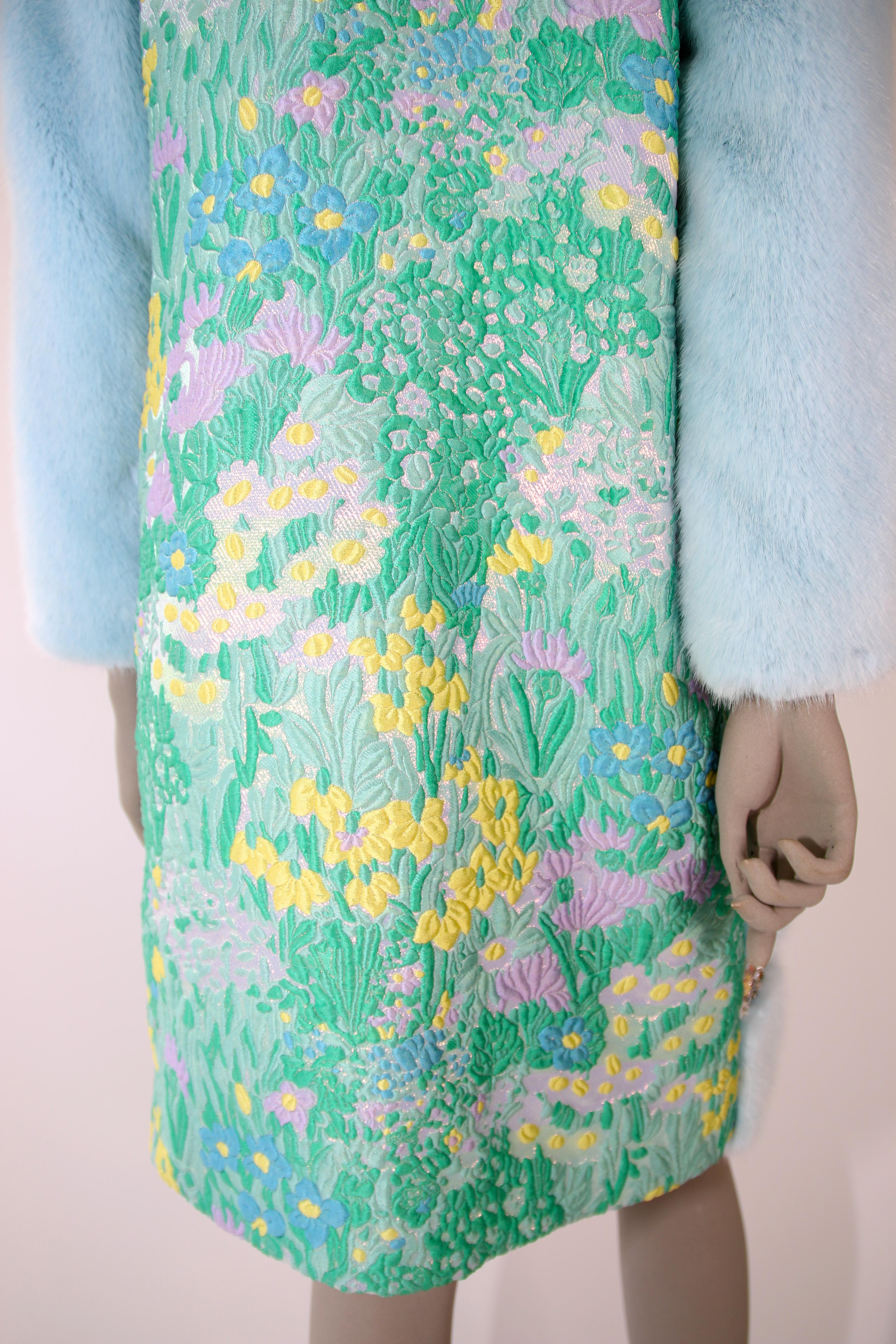 Pelush Powder Blue Faux Fur Mink Coat with Flower Embroidery and ...