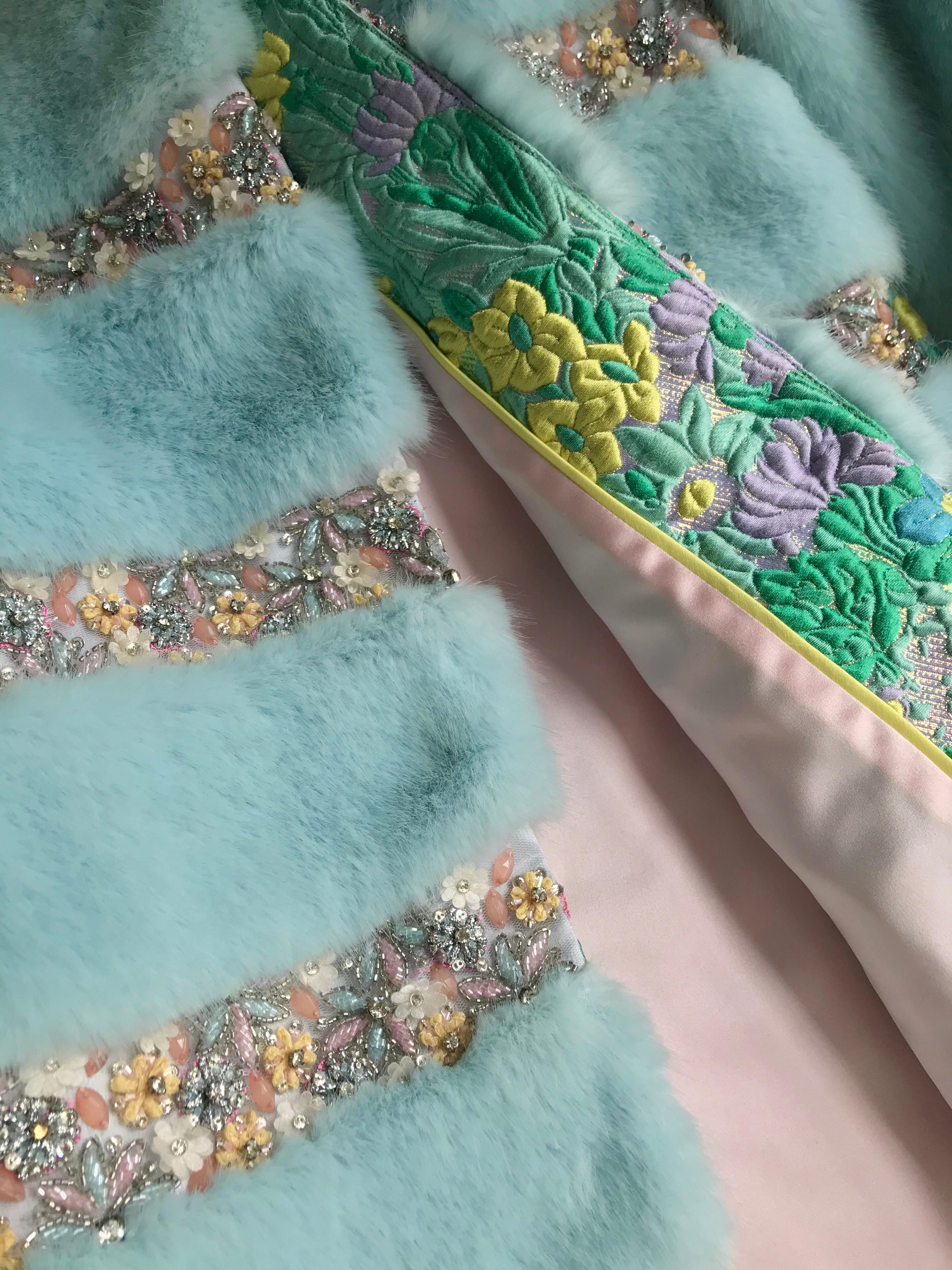 Pelush Powder Blue Faux Fur Mink Coat with Flower Embroidery and ...