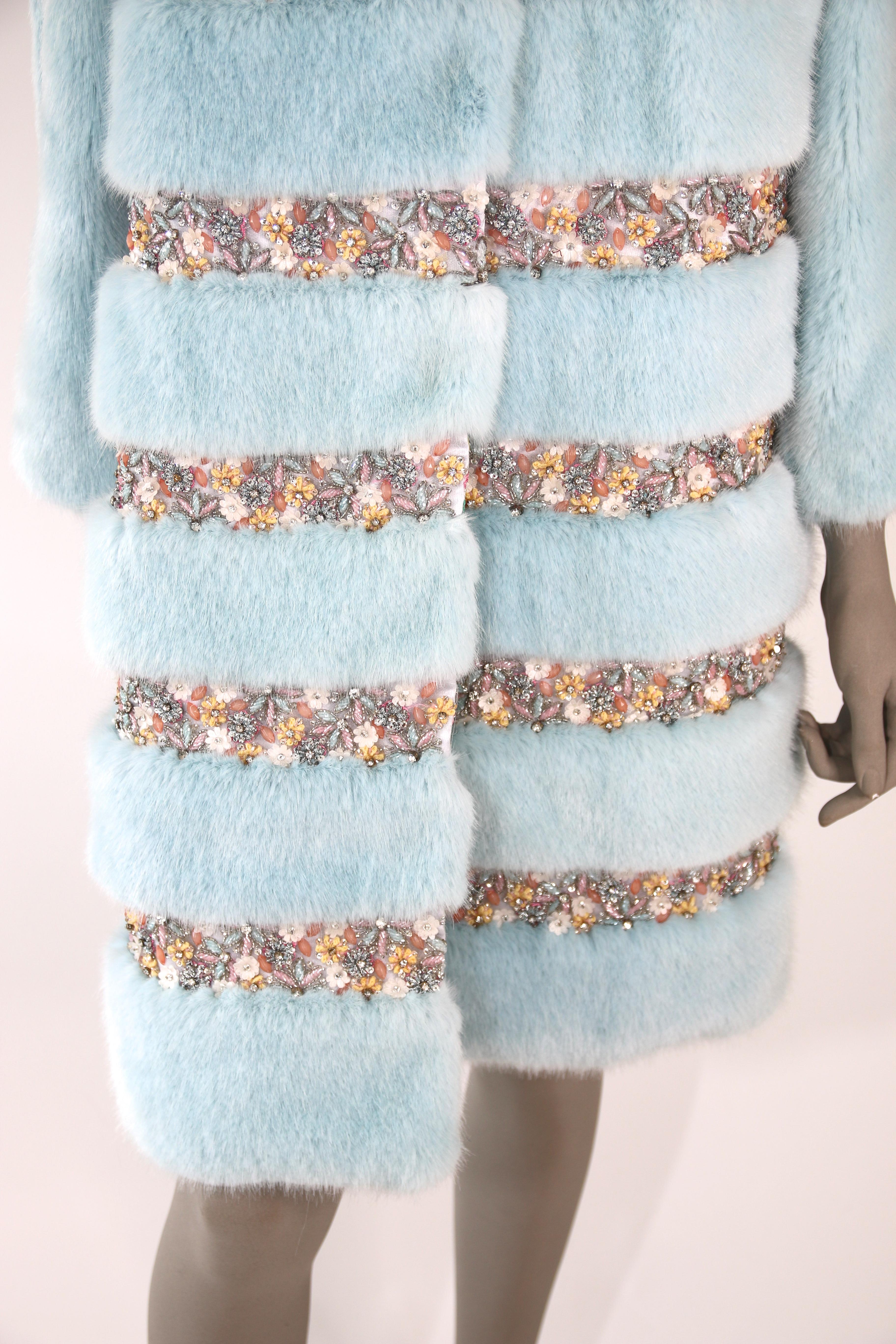 Pelush Powder Blue Faux Fur Mink Coat with Flower Embroidery and ...