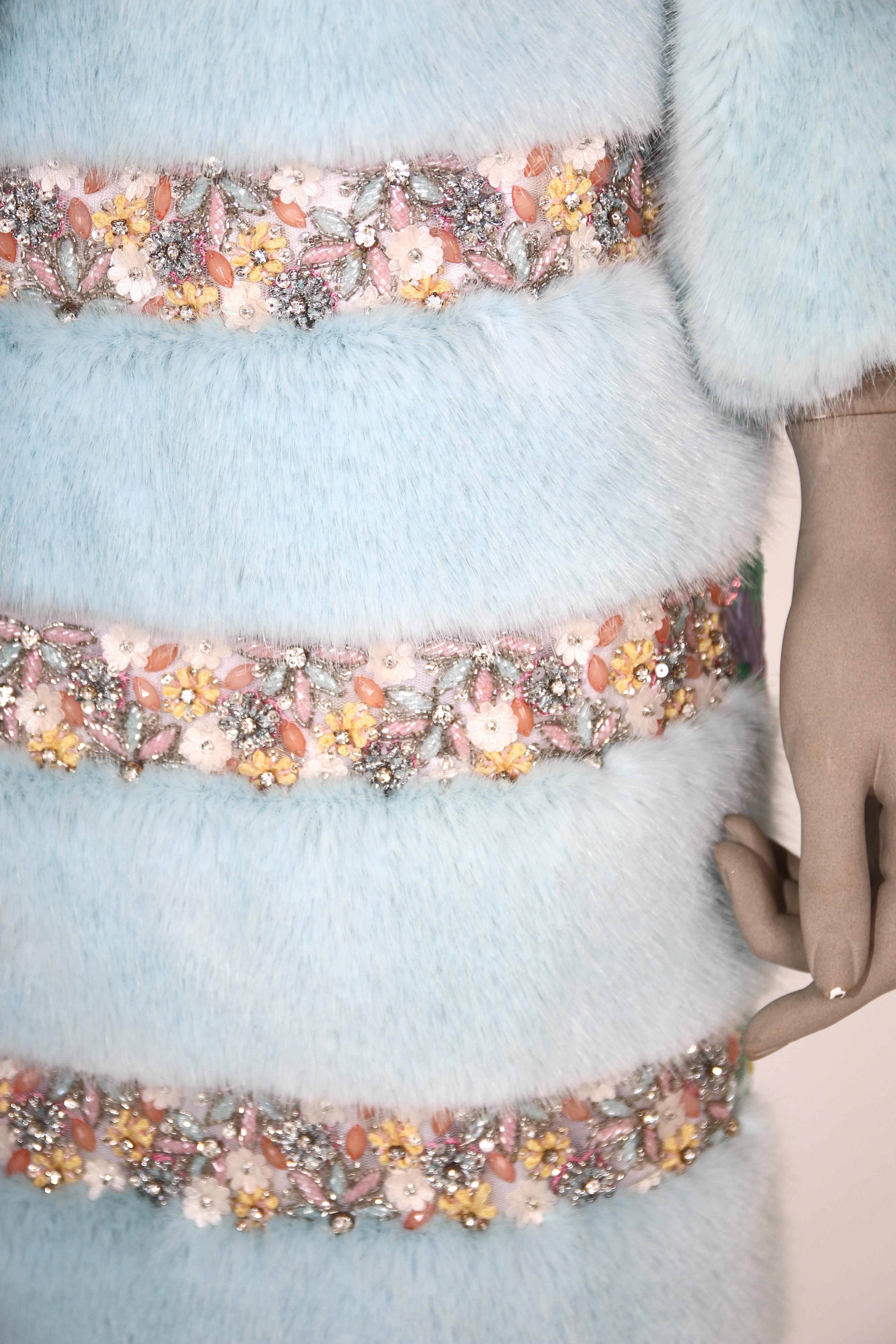 Pelush Powder Blue Faux Fur Mink Coat with Flower Embroidery and ...