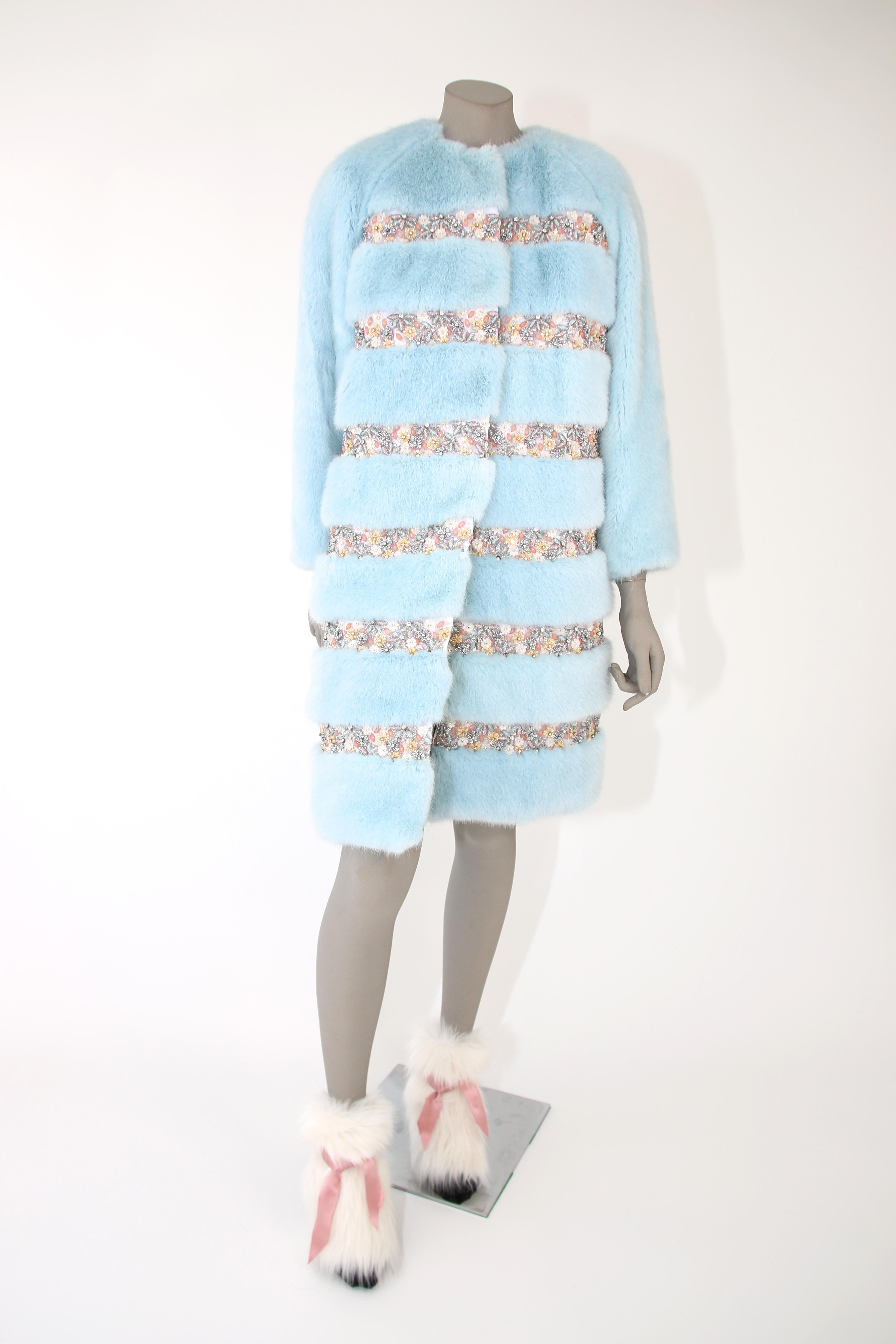 Pelush Powder Blue Faux Fur Mink Coat with Flower Embroidery and ...