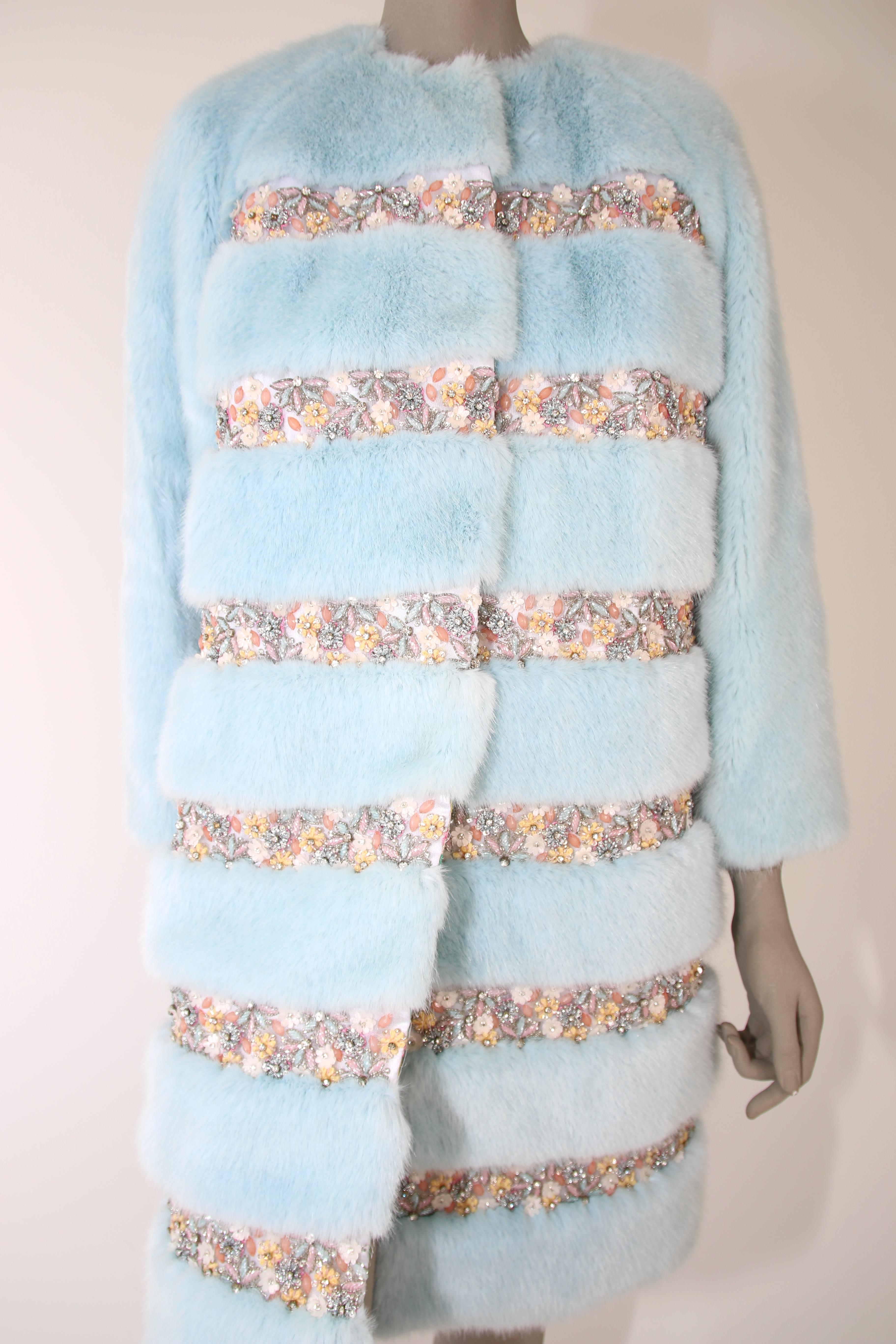 Pelush Powder Blue Faux Fur Mink Coat with Flower Embroidery and ...
