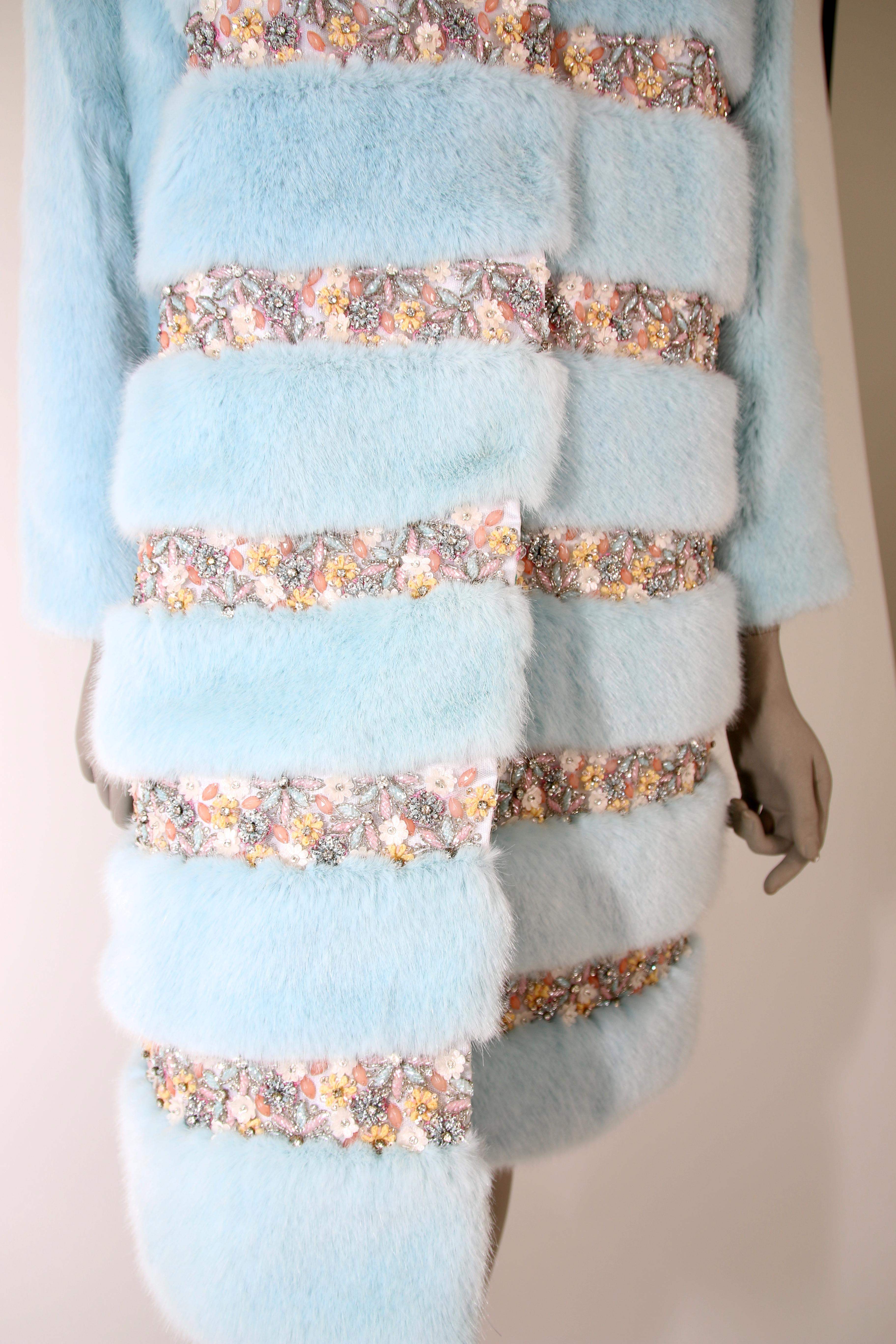 Pelush Powder Blue Faux Fur Mink Coat with Flower Embroidery and ...