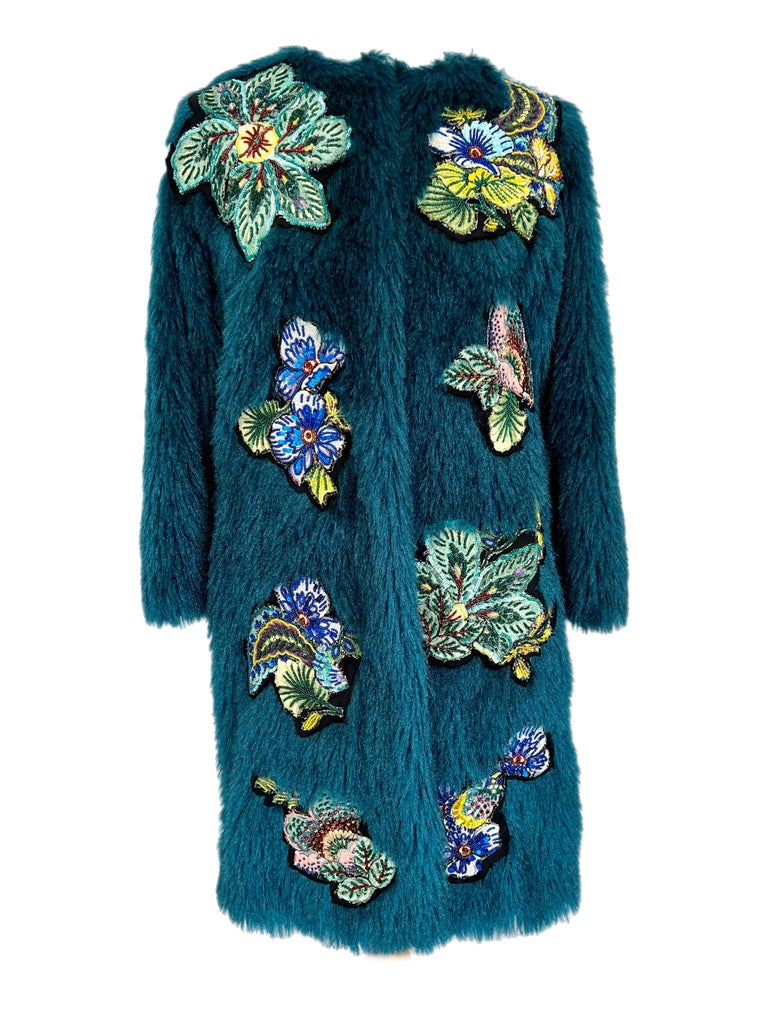 Pelush Teal Shaggy Faux Fur Coat With Embroidery Patches - The Small For Sale at 1stDibs