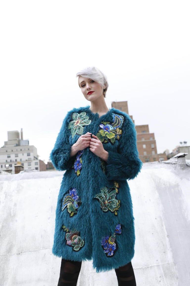 Pelush Teal Shaggy Faux Fur Coat With Embroidery Patches - The Small For Sale at 1stDibs