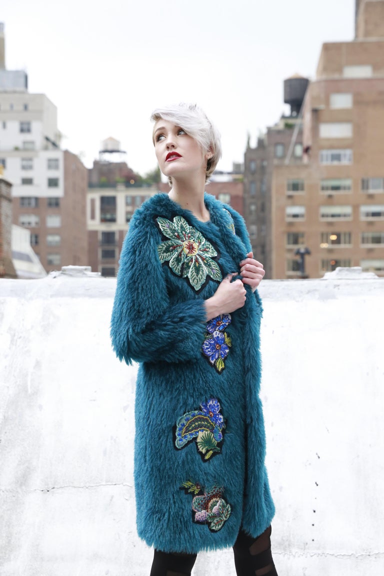 Pelush Teal Shaggy Faux Fur Coat With Embroidery Patches - The Small ...