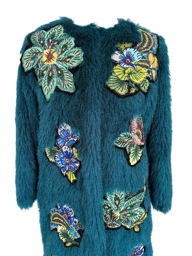 Pelush Teal Shaggy Faux Fur Coat With Embroidery Patches - The Small For Sale at 1stDibs