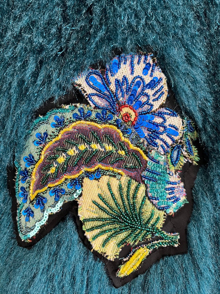 Pelush Teal Shaggy Faux Fur Coat With Embroidery Patches - The Small ...