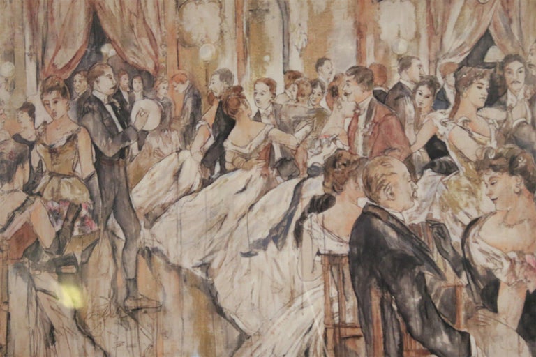 Pen and Ink Silver Framed Drawing of a Belle Époque Ballroom Scene For ...