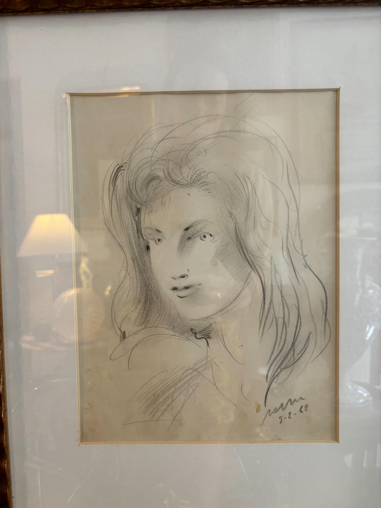 Pencil Drawing of a Female Portrait of Aligi Sassu from the 1970s For ...