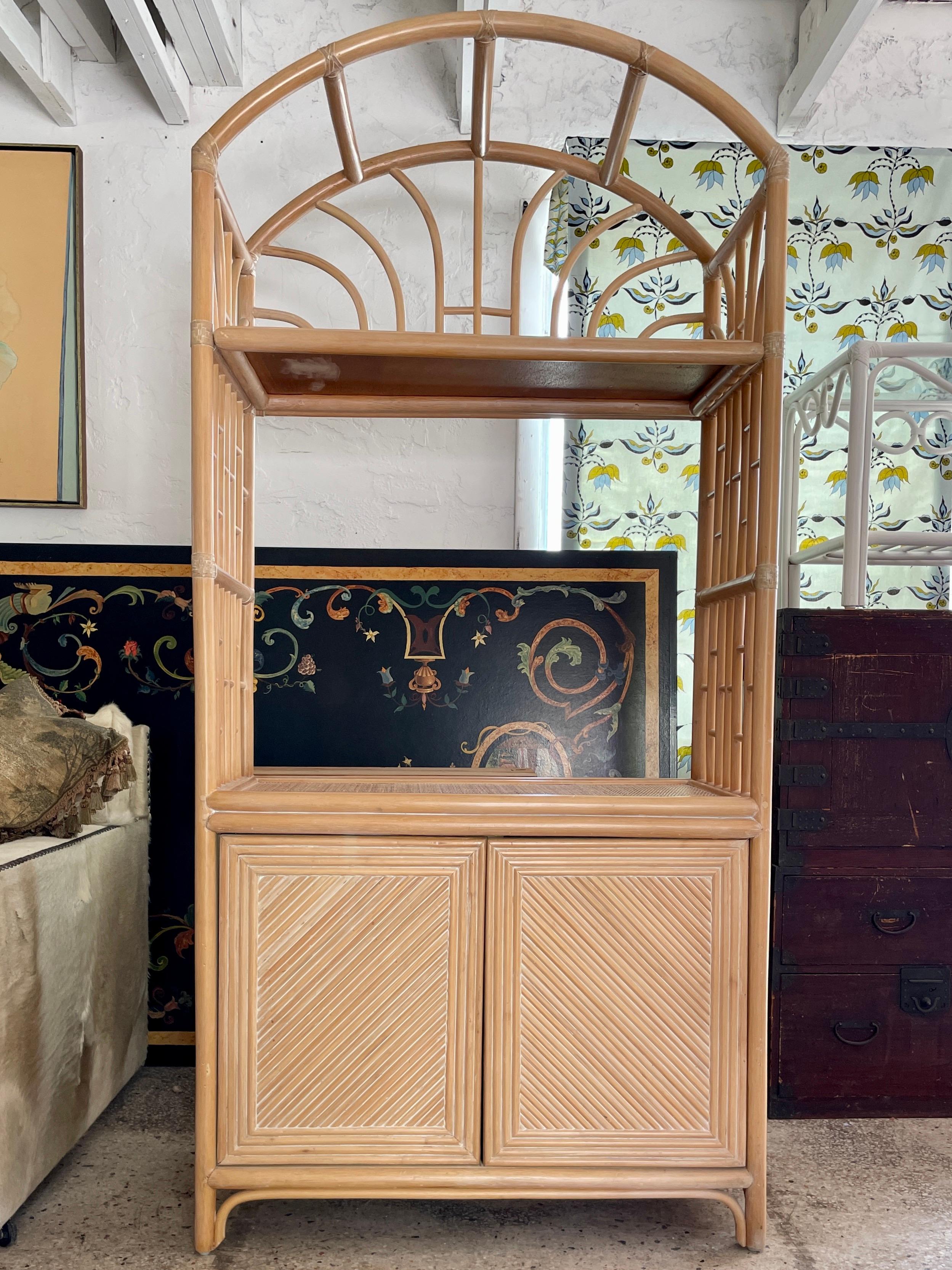 Pencil Reed Boho Chic Arch Top Bar Etagere with Lower Cabinet For Sale ...