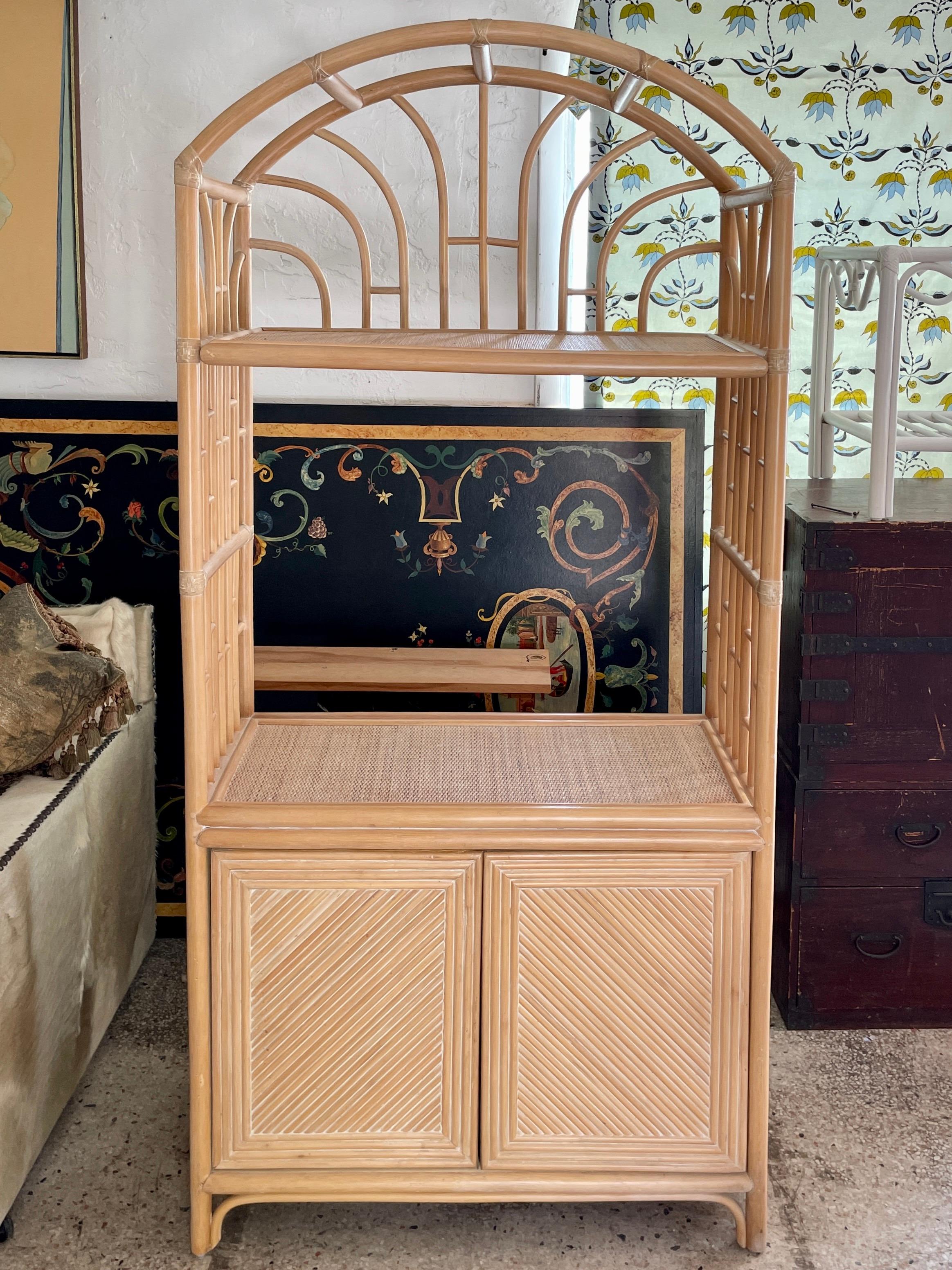Pencil Reed Boho Chic Arch Top Bar Etagere with Lower Cabinet For Sale ...