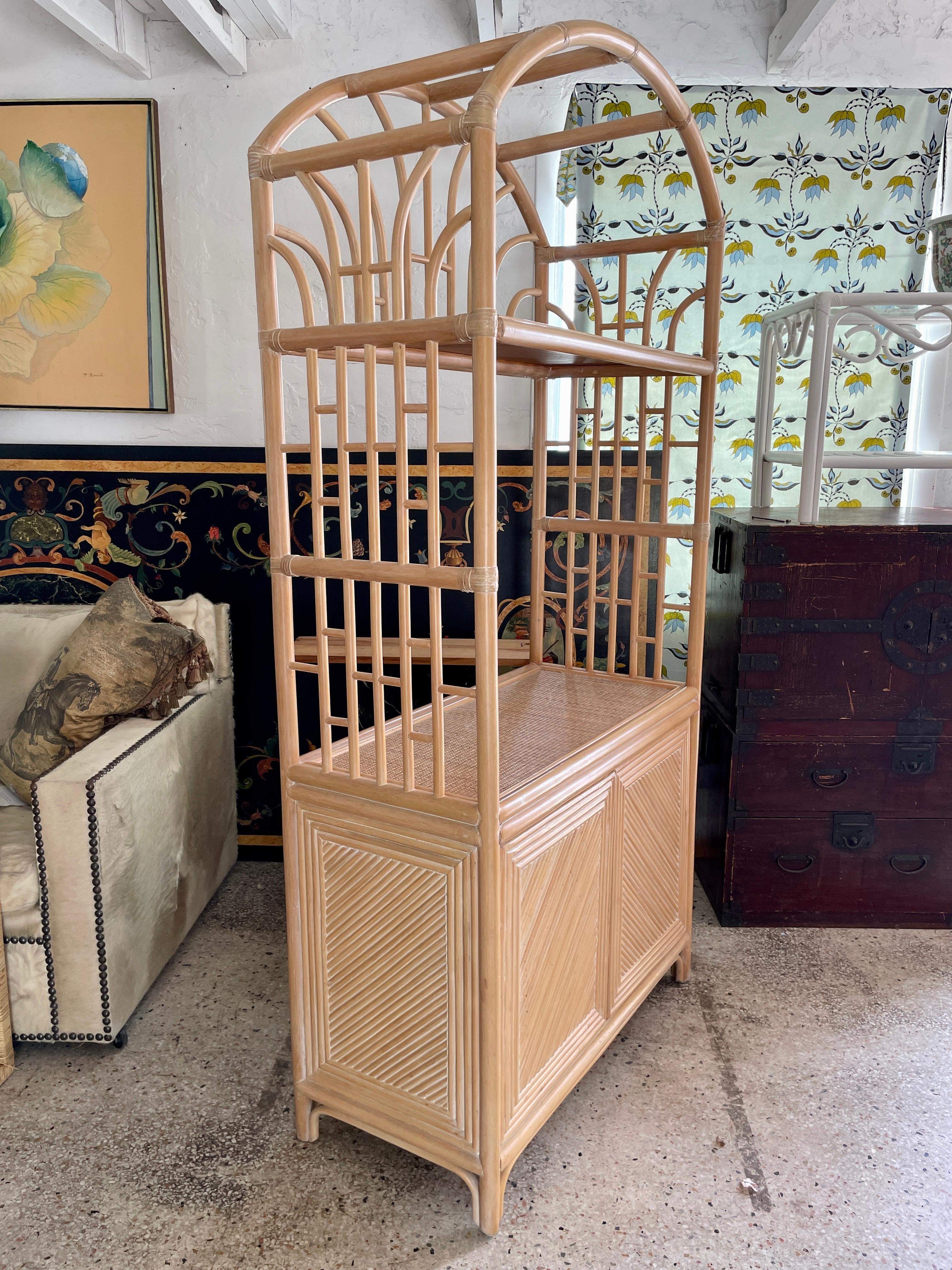 Pencil Reed Boho Chic Arch Top Bar Etagere with Lower Cabinet For Sale ...