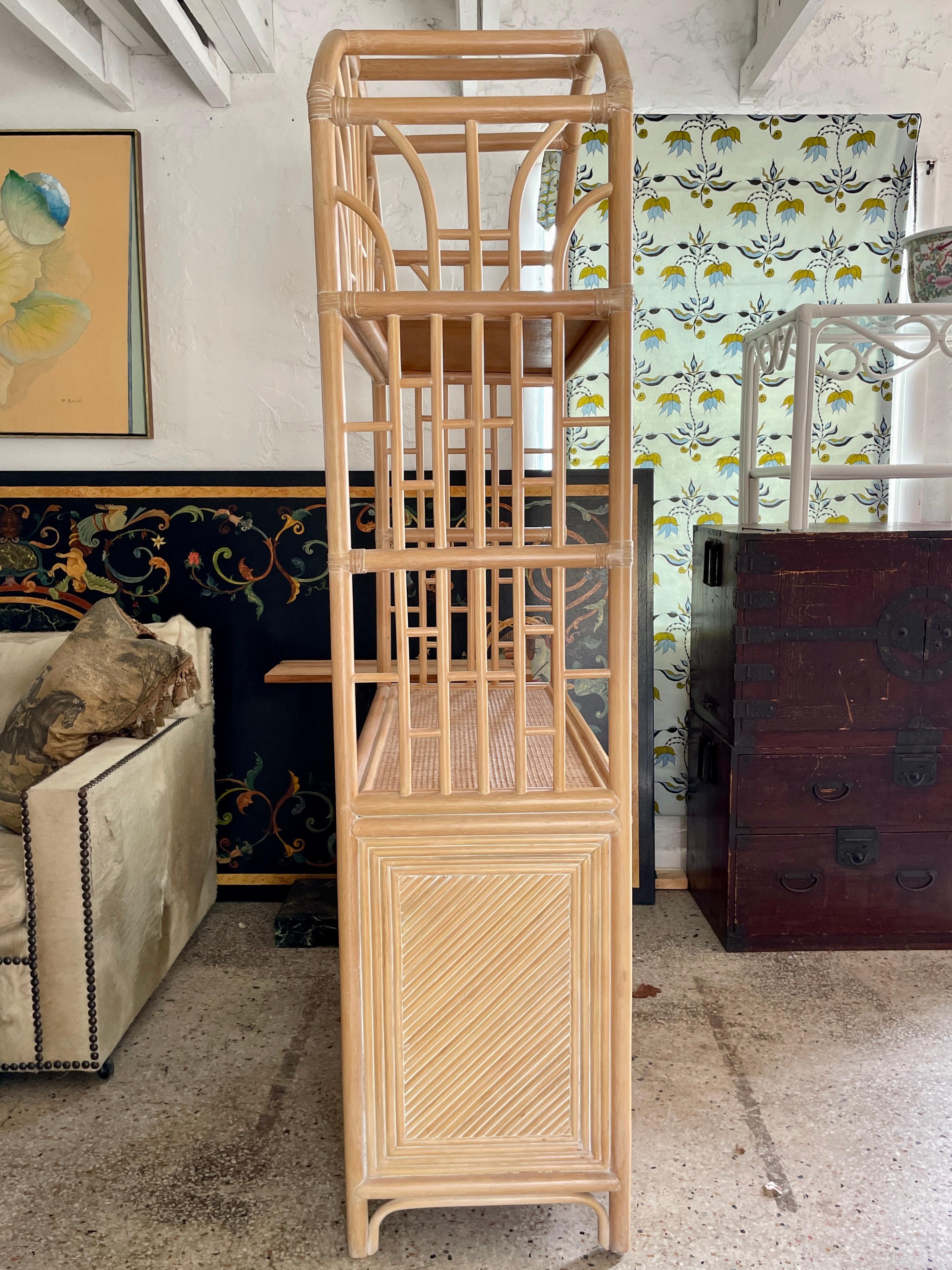 Pencil Reed Boho Chic Arch Top Bar Etagere with Lower Cabinet For Sale ...