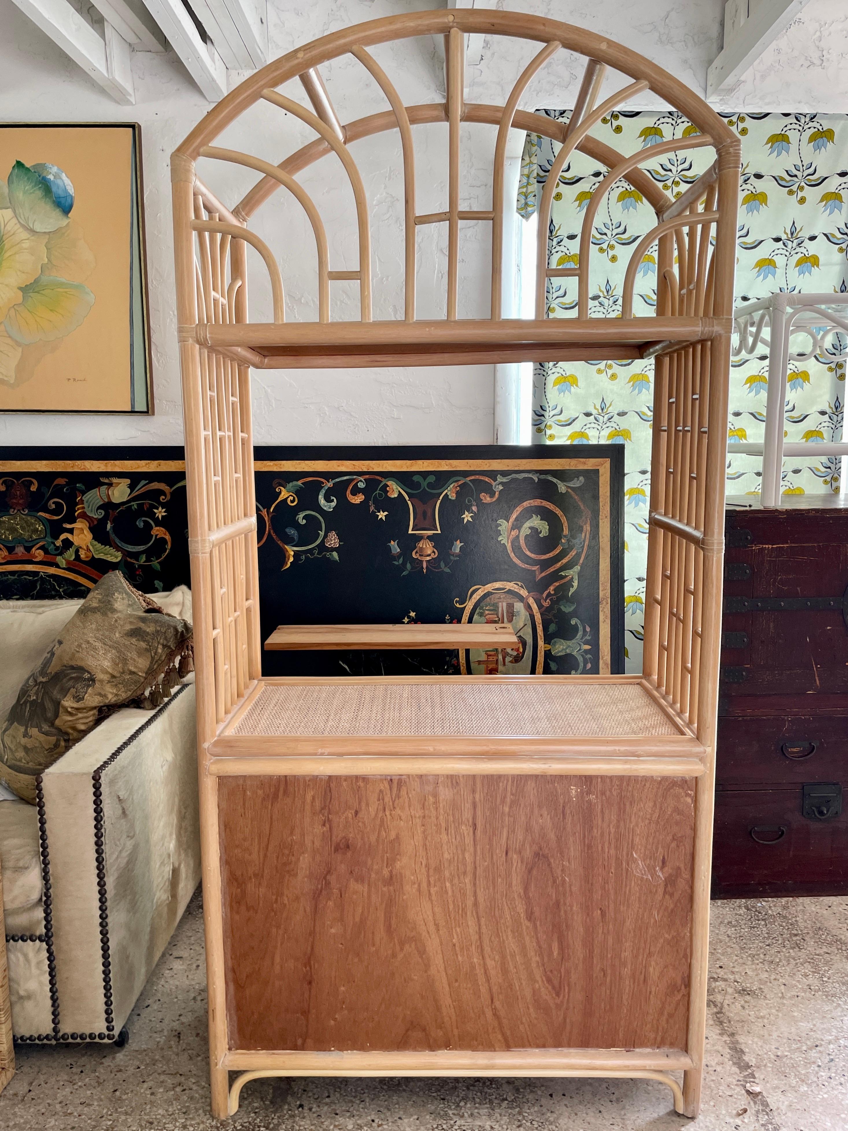 Pencil Reed Boho Chic Arch Top Bar Etagere with Lower Cabinet For Sale ...