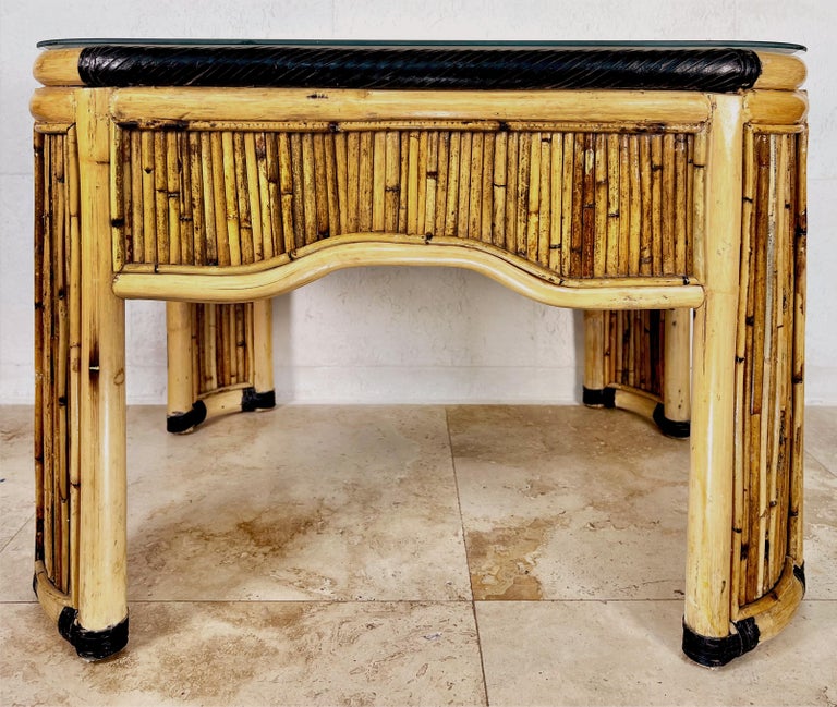 Pencil Reed, Leather and Rattan Side Table with Glass Top For Sale at ...