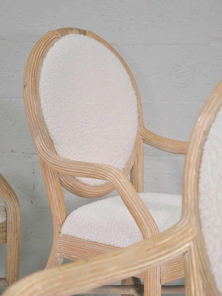 Pencil Reed White Boucle and Travertine Dining Chairs For Sale at 1stDibs