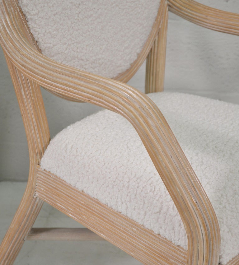 Pencil Reed White Boucle and Travertine Dining Chairs For Sale at 1stDibs