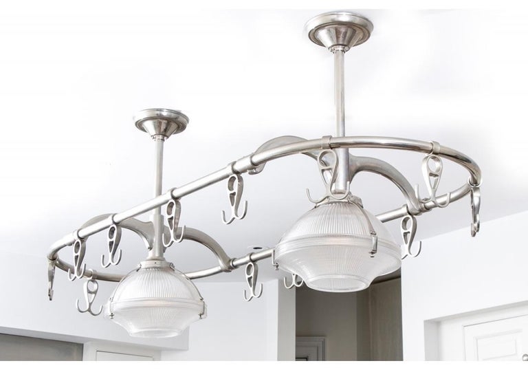 Pendant Bar/Counter Holophane Double Fixture with Pot Rack at 1stDibs