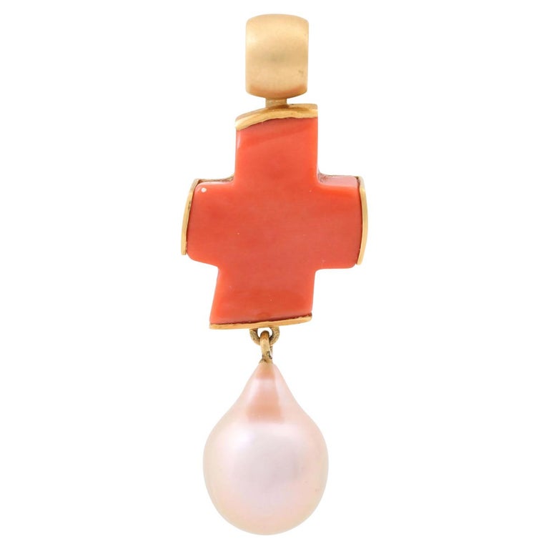 Pendant 'Cross' with Pearl and Precious Coral For Sale at 1stDibs
