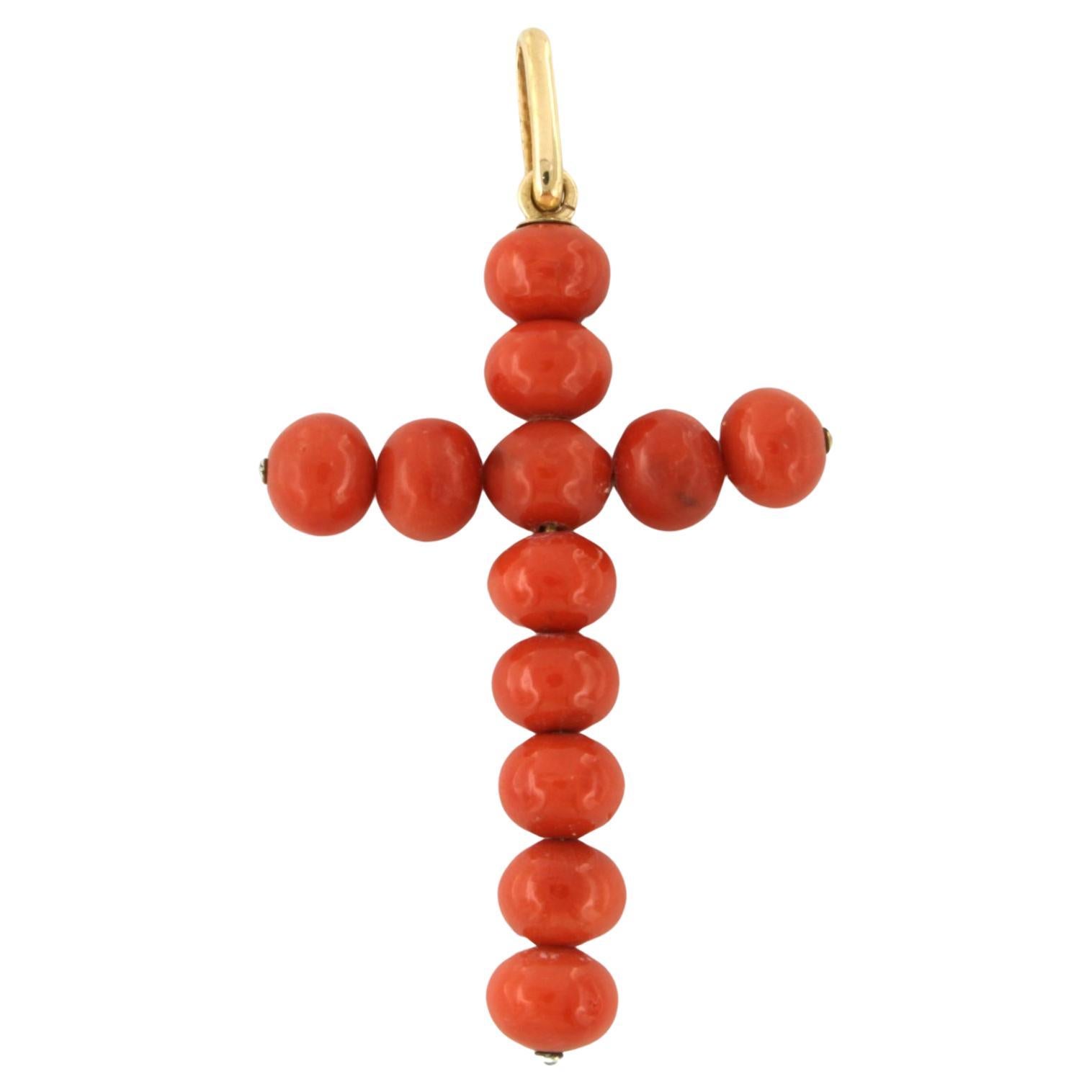 pendant in a cross shape with coral beads 18k pink gold For Sale at 1stDibs