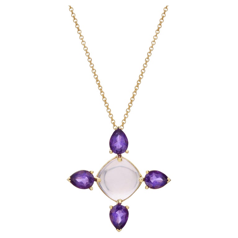 Pendant Necklace Cross Shape in 18Kt Yellow Gold with Rose Quartz and ...