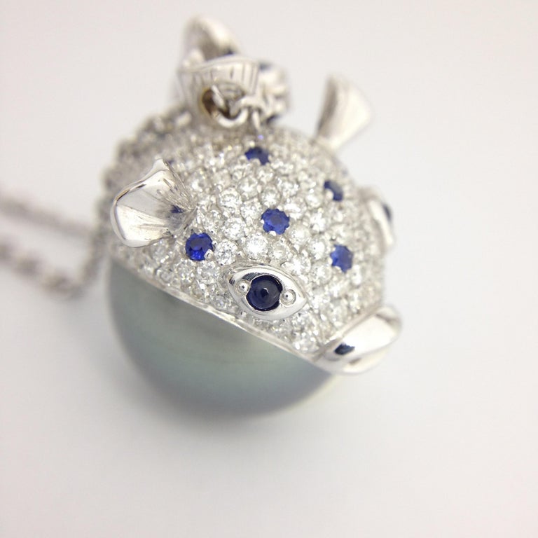 Pendant/Necklace Puffer Fish White Diamond Blue Sapphire Tahiti Pearl ...