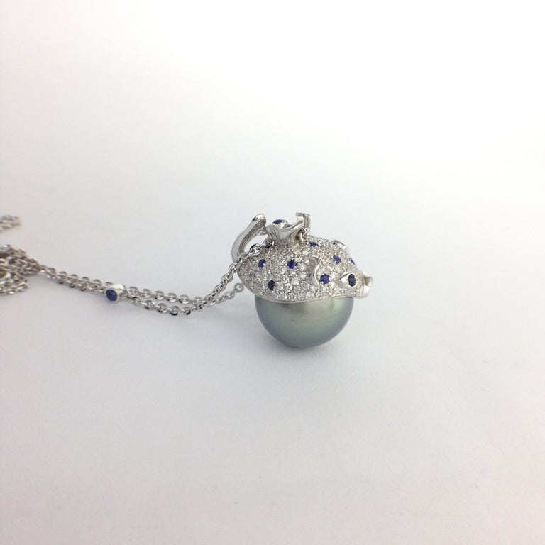 Pendant/Necklace Puffer Fish White Diamond Blue Sapphire Tahiti Pearl ...