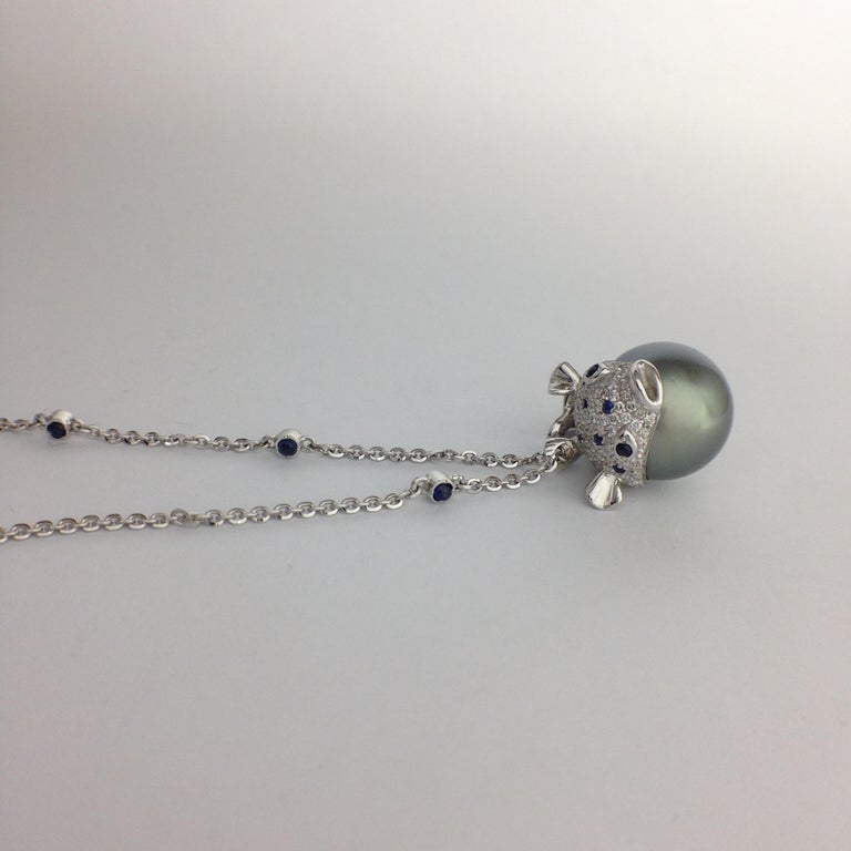 Pendant/Necklace Puffer Fish White Diamond Blue Sapphire Tahiti Pearl ...